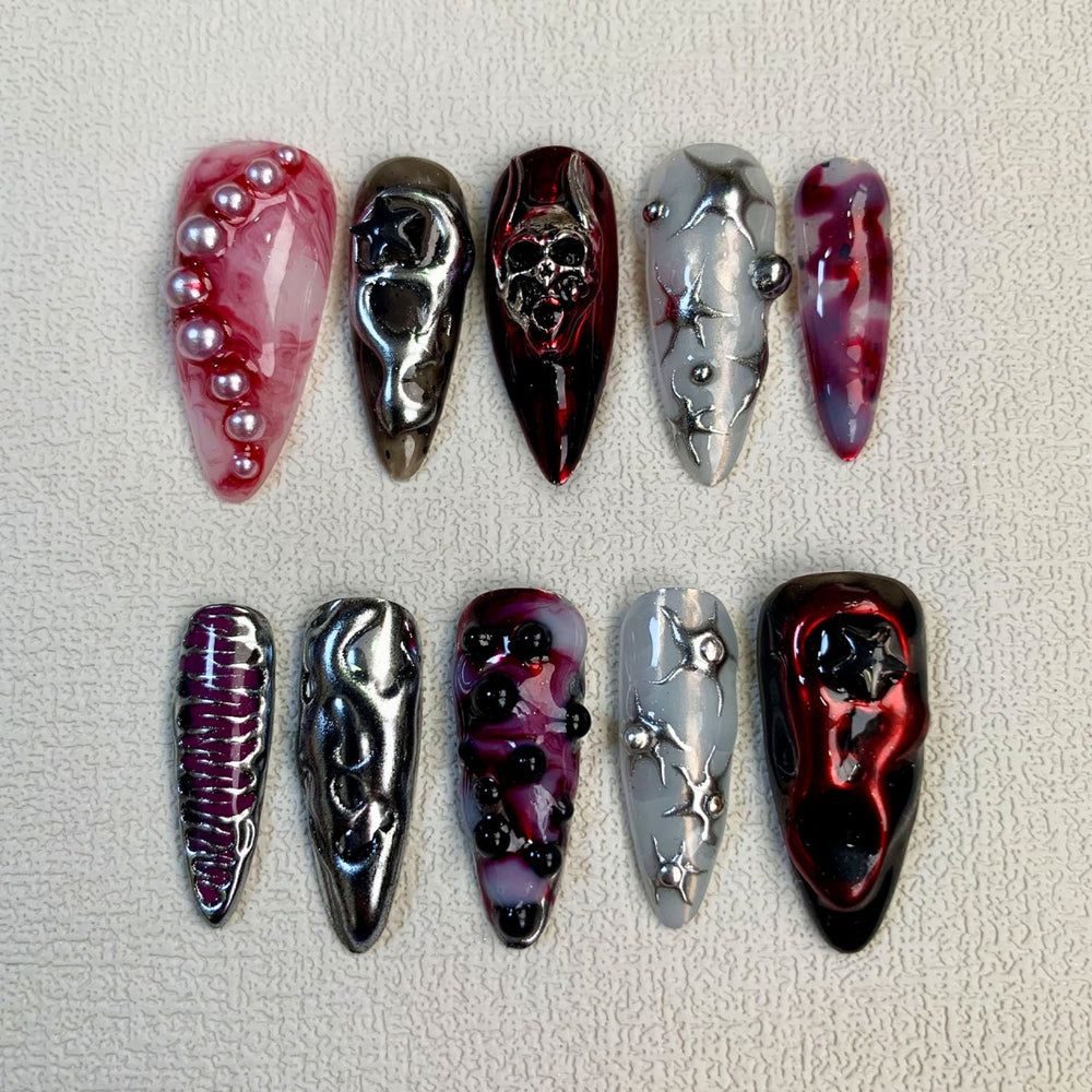 Scary Red Blood Press On Nails, Gothic Punk Rock Skull Nails, Goth Y2K