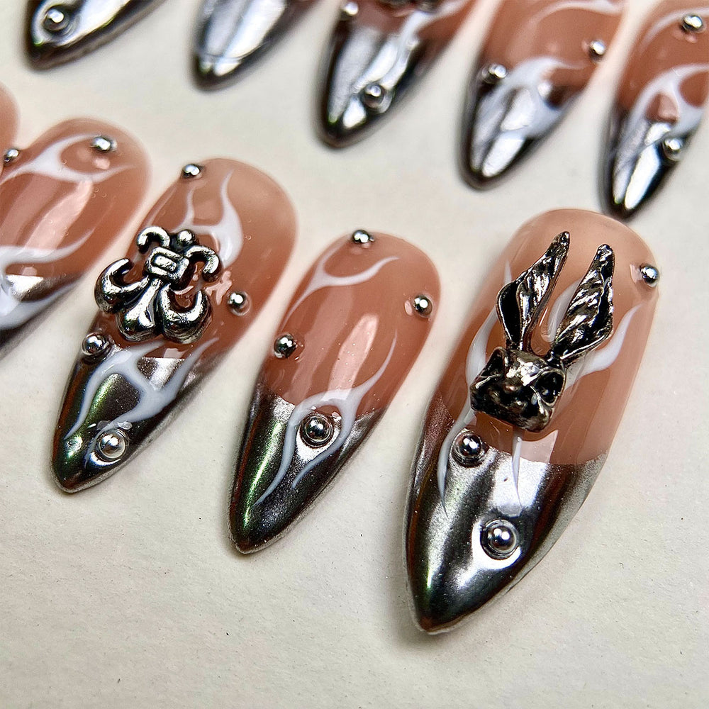 Ashen Relic – Nude Brown Press-On Nails, Gothic Fake Nails with Silver