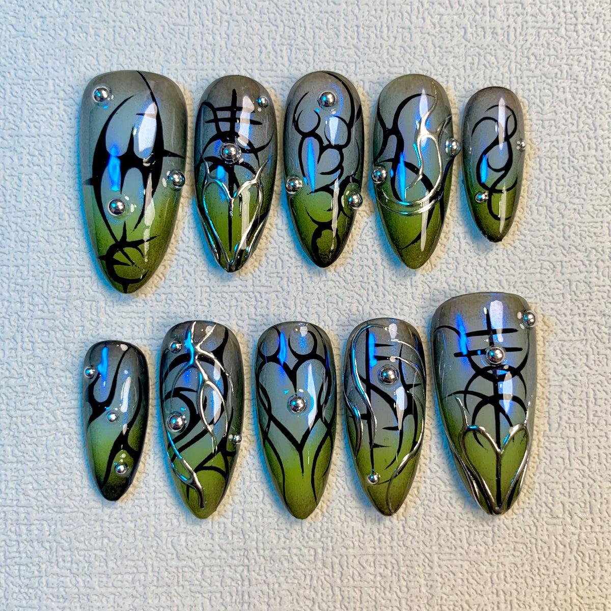 Custom Black Strokes Press On Nails, Gothic Punk Tattoo Nails, Goth Y2