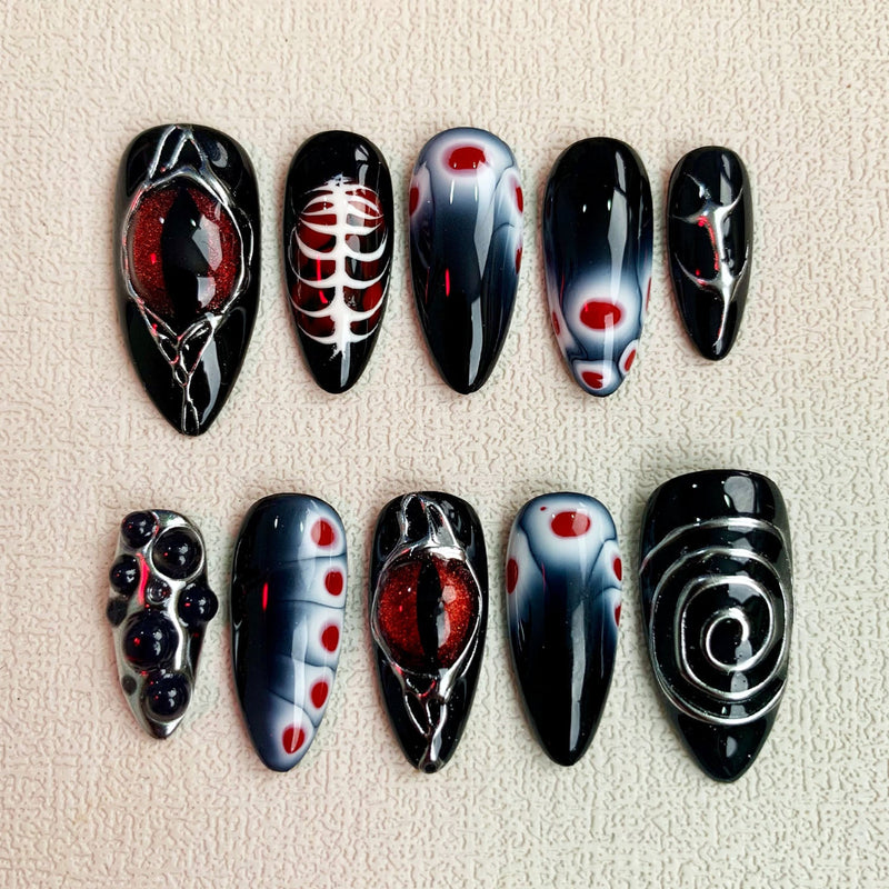 Red Eyes Press On Nails, Gothic Punk Rock Skeleton Nails, Goth Y2K Dar