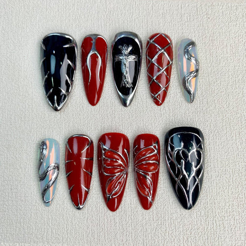 Red Black Press On Nails, Gothic Punk Rock Cross Nails, Goth Y2K Dark
