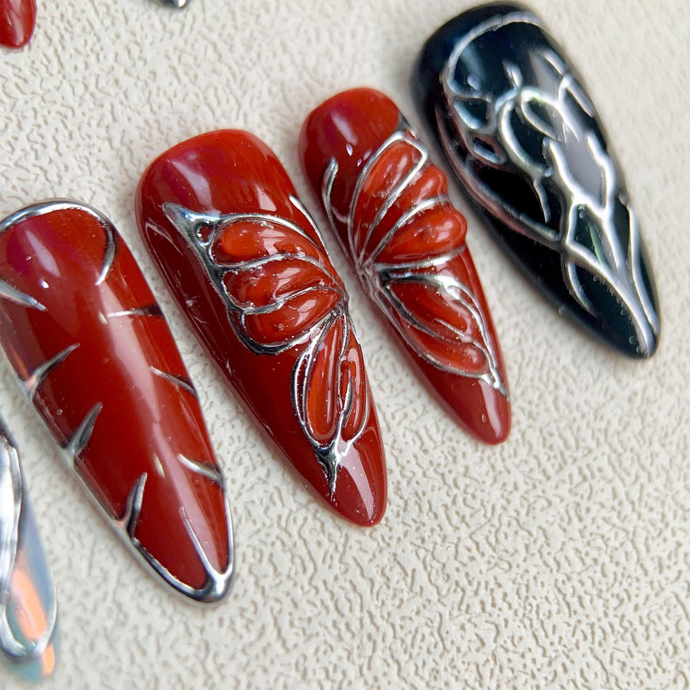Red Black Press On Nails, Gothic Punk Rock Cross Nails, Goth Y2K Dark
