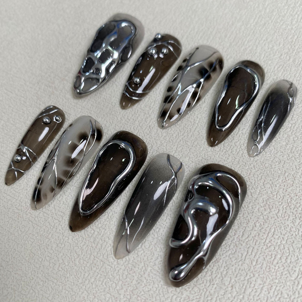 Custom Black Dark Press On Nails, Gothic Punk Rock Nails, Goth Y2K Sil