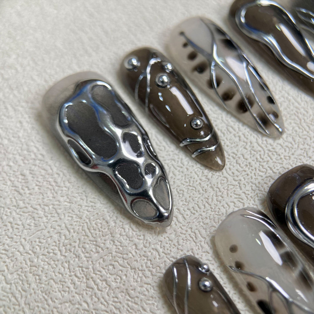 Custom Black Dark Press On Nails, Gothic Punk Rock Nails, Goth Y2K Sil