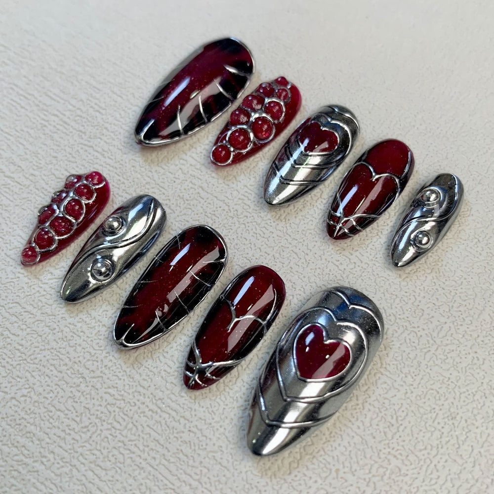 Dark Red Press On Nails, Gothic Punk Rock Nails, Goth Y2K Hearts Silve