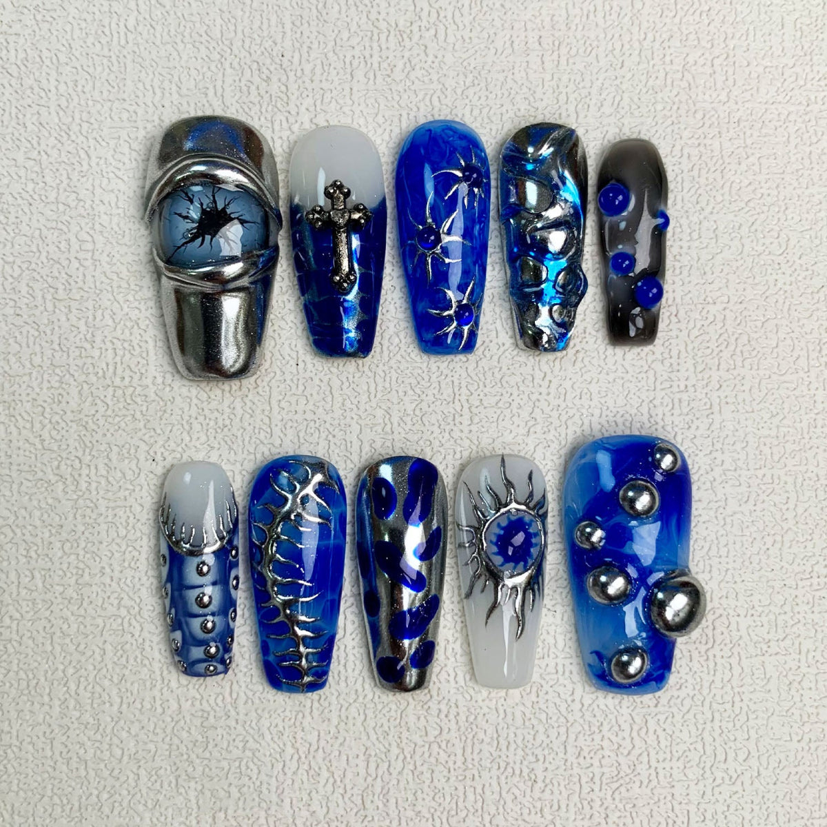 Custom Blue Press On Nails, Gothic Punk Y2K Press On Nails